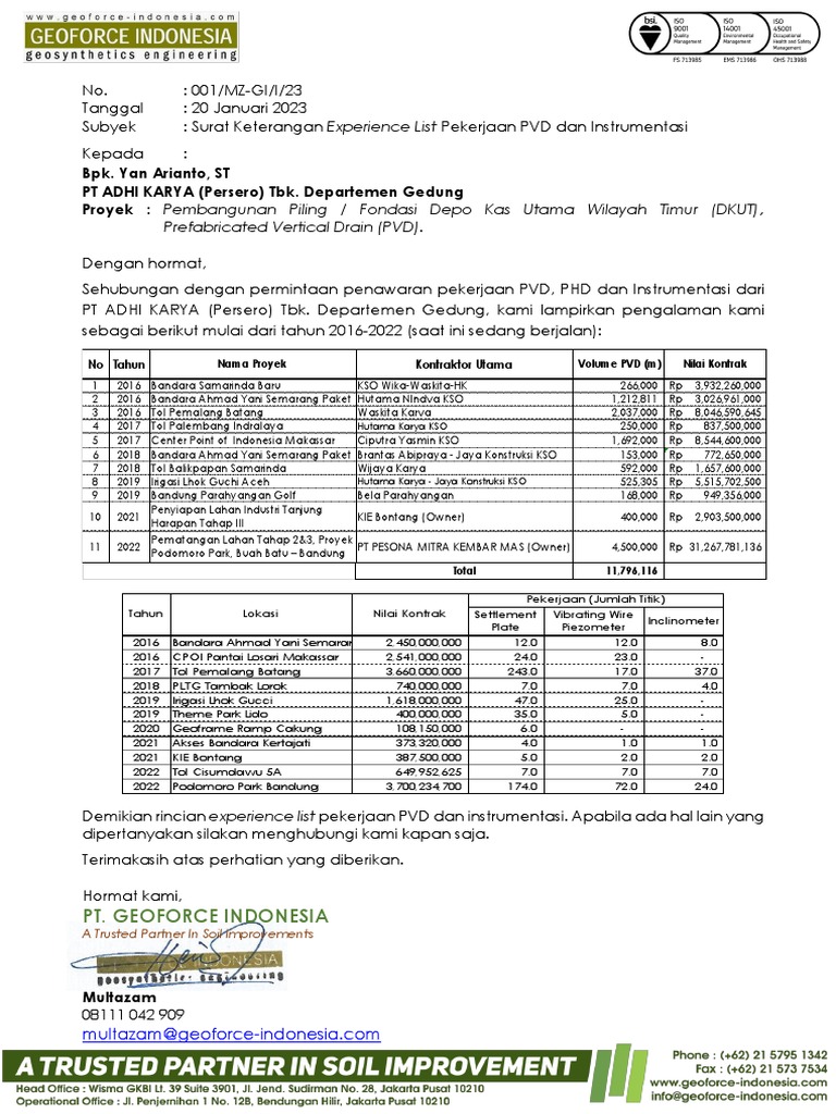 Surat Keterangan Experience List PVD | PDF