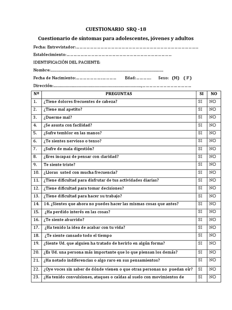 Ficha SRQ | PDF | Medicina CLINICA | Enfermedades y trastornos