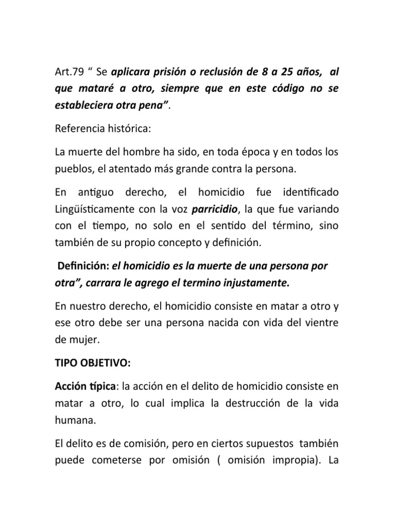 Art. 79 Homicidio Simple | PDF | Intención (Derecho Penal) | Homicidio