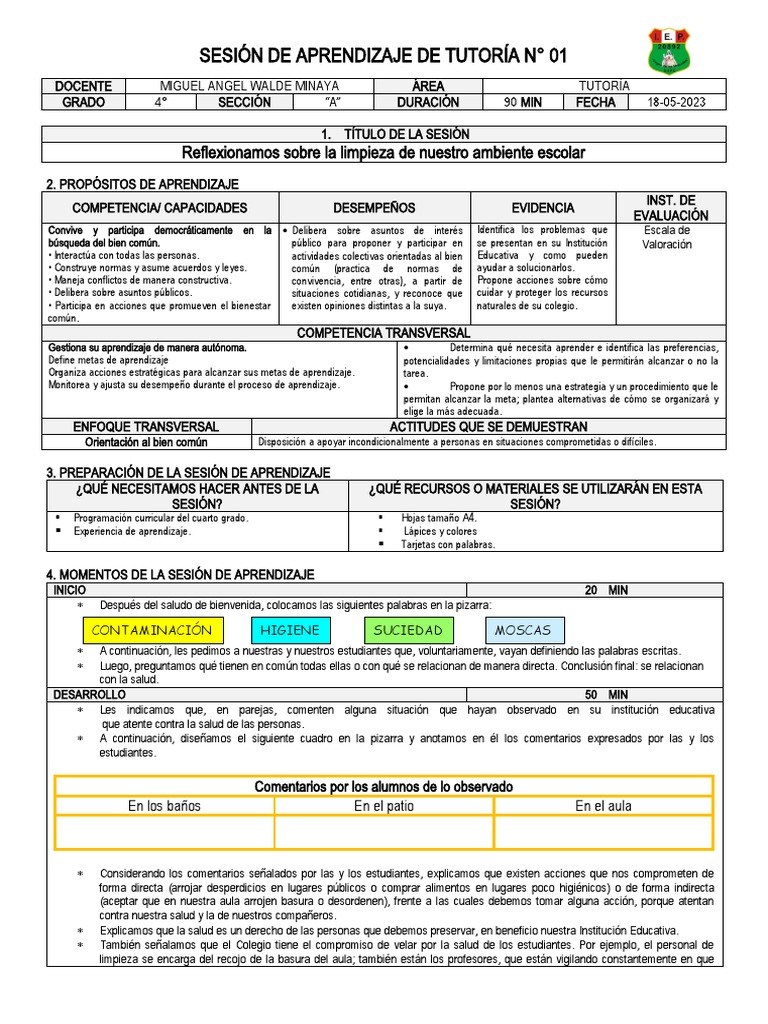 Sesion de Aprendizaje de Tutoria N 01 | PDF | Aprendizaje | Salón de clases