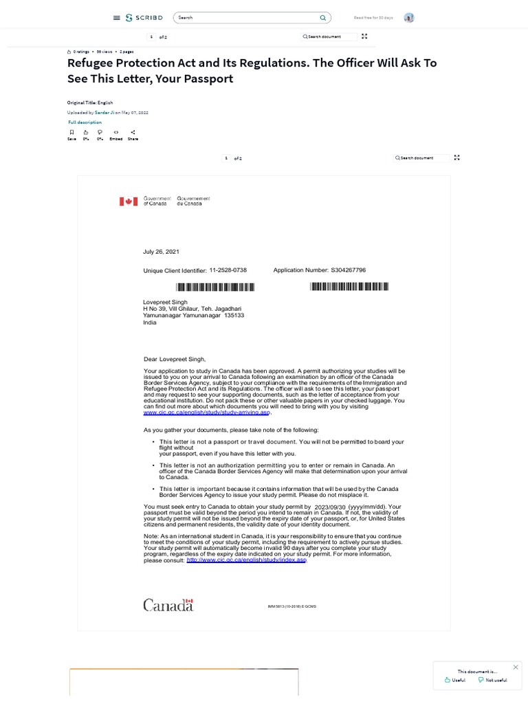 Refugee Protection Act and Its Regulations. The Officer Will Ask To See ...