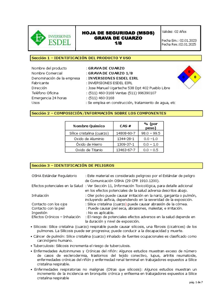 MSDS-12 Grava de Cuarzo 1-8 Hoja de Seguridad | PDF | Química ...