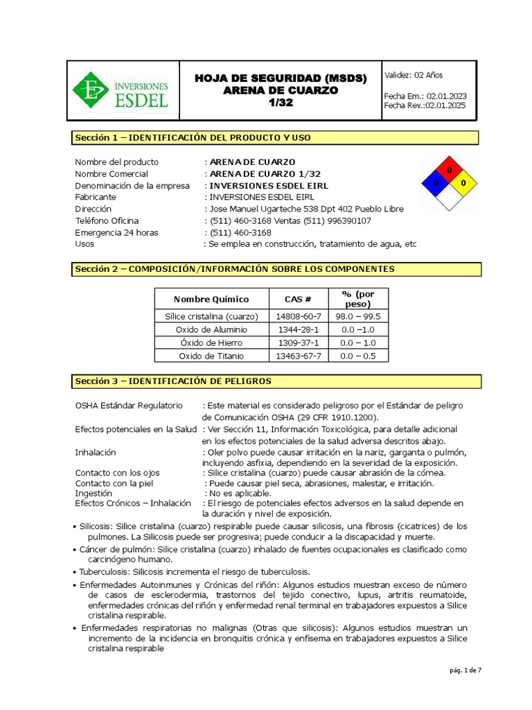 MSDS-26 Arena de Cuarzo 1 - 32 Hoja de Seguridad | PDF | Medicina CLINICA | Enfermedades y ...