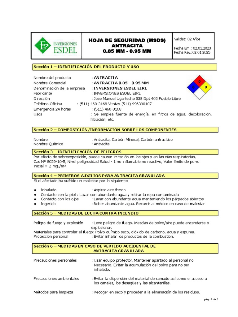 MSDS-140 Antracita 0.85 - 0.95 MM Hoja de Seguridad | PDF | Agua | Contaminación