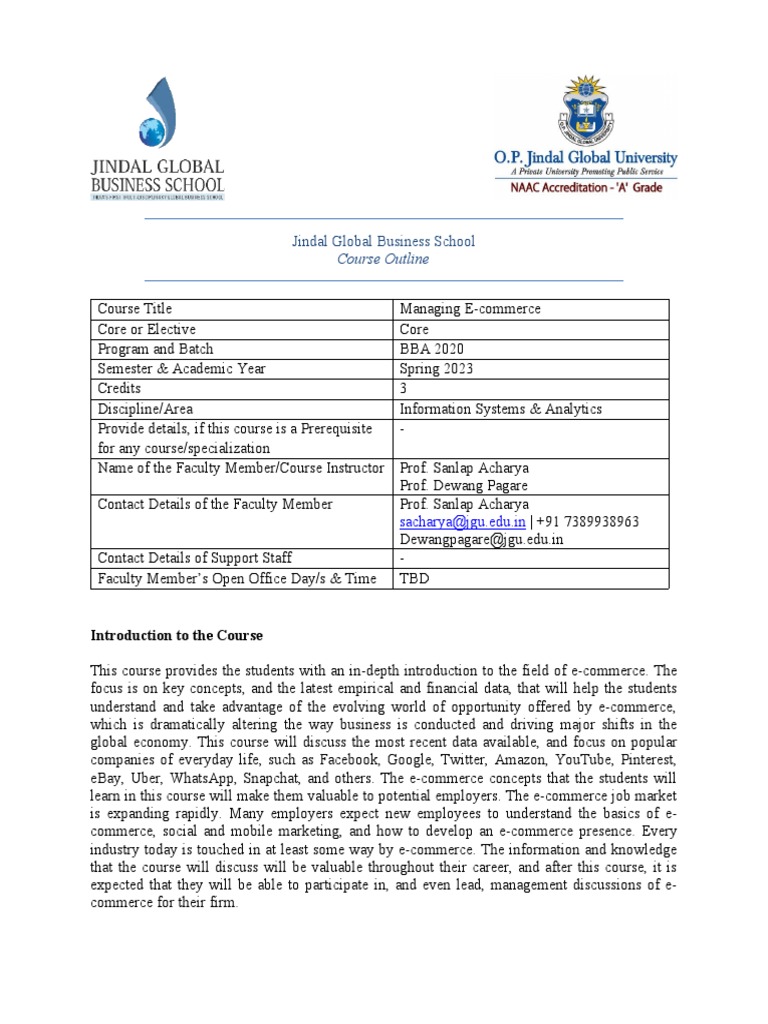 JGBS - Spring 2023 - Managing E-Commerce - BBA 2020 - Course Manual | PDF | E Commerce | Digital ...