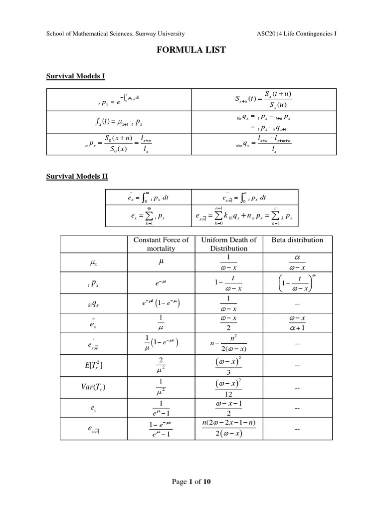 Life Contingencies Formula Sheet | PDF | Insurance | Life Insurance