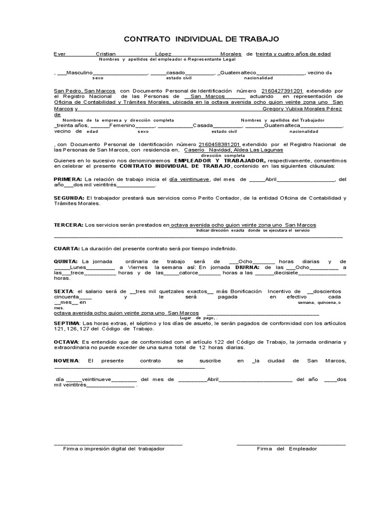 Modelo de Contrato de Trabajo Lleno | PDF | Tiempo de trabajo | Salario