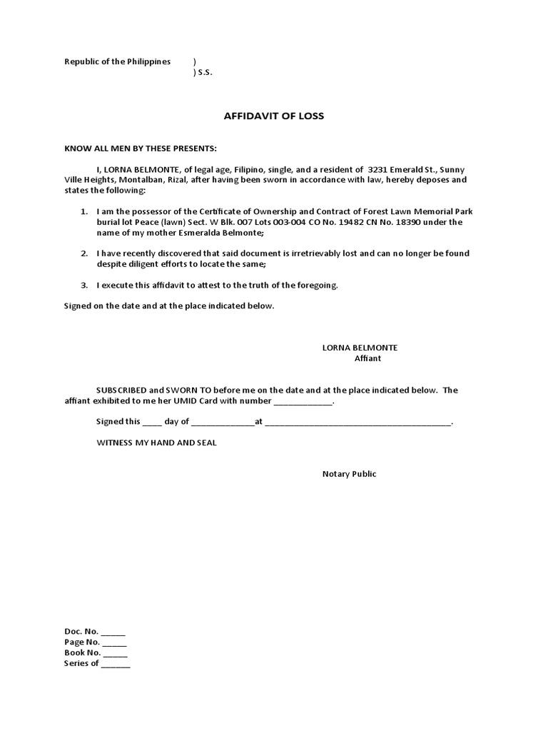 Affidavit of Loss for Memorial Lot | PDF