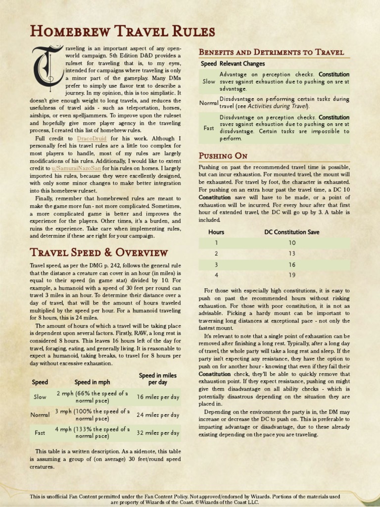 Homebrew D&D Travel Rules Guide | PDF