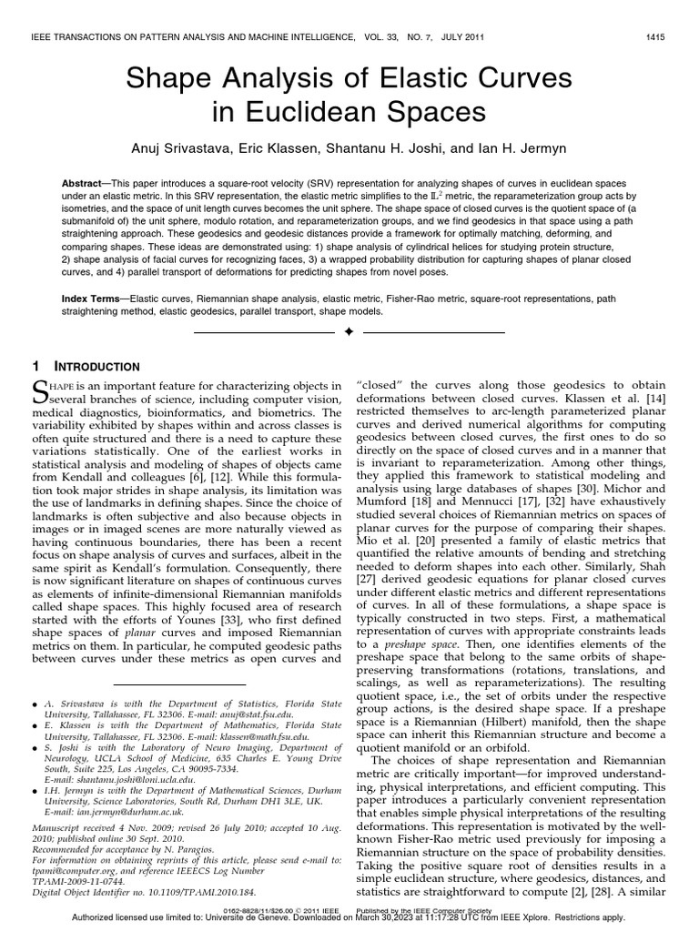 Shape Analysis of Elastic Curves in Euclidean Spaces | PDF | Curve | Curvature