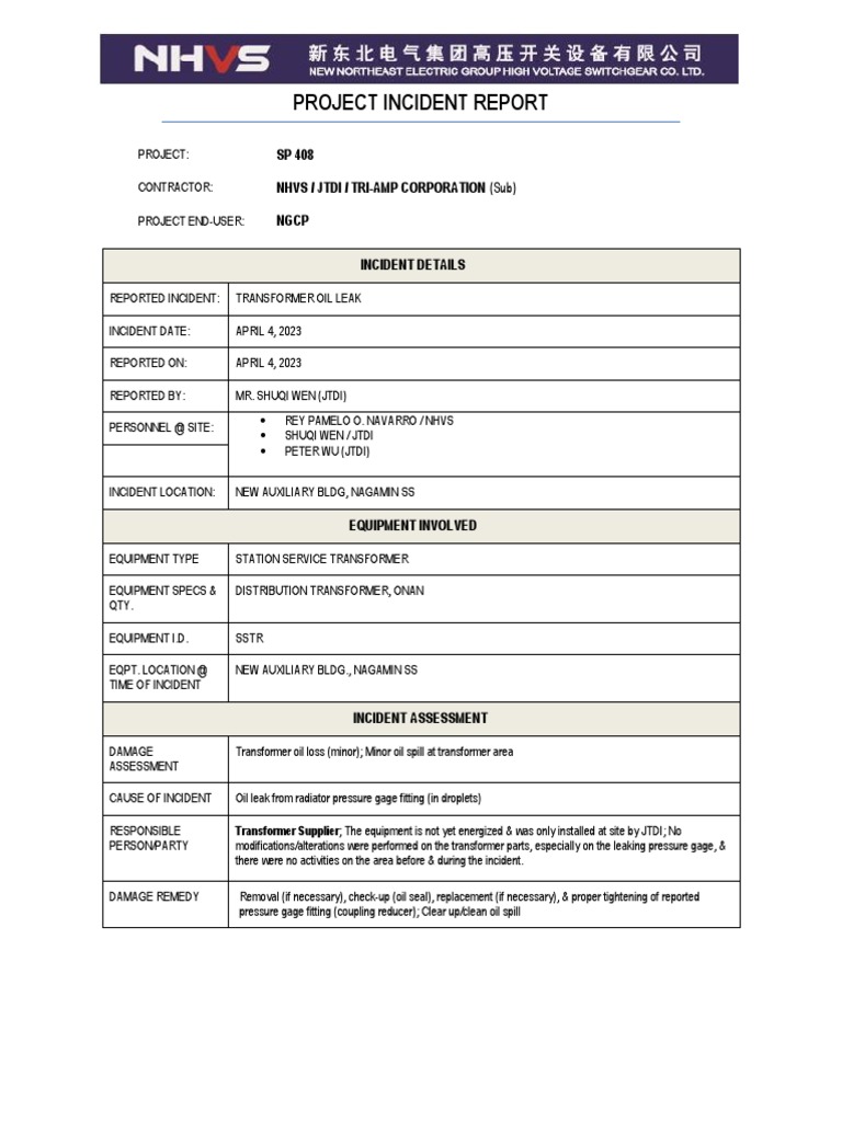 Incident Report - SSTR Oil Leak | PDF | Manufactured Goods