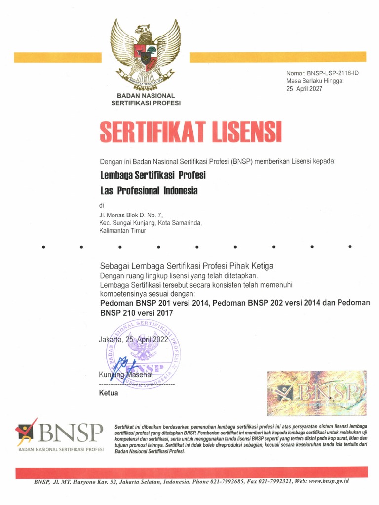 Sertifikat LSP Las Profesional Indonesia | PDF