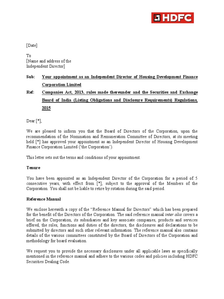 Letter of Appointment To ID HDFC | PDF | Internal Control | Board Of ...