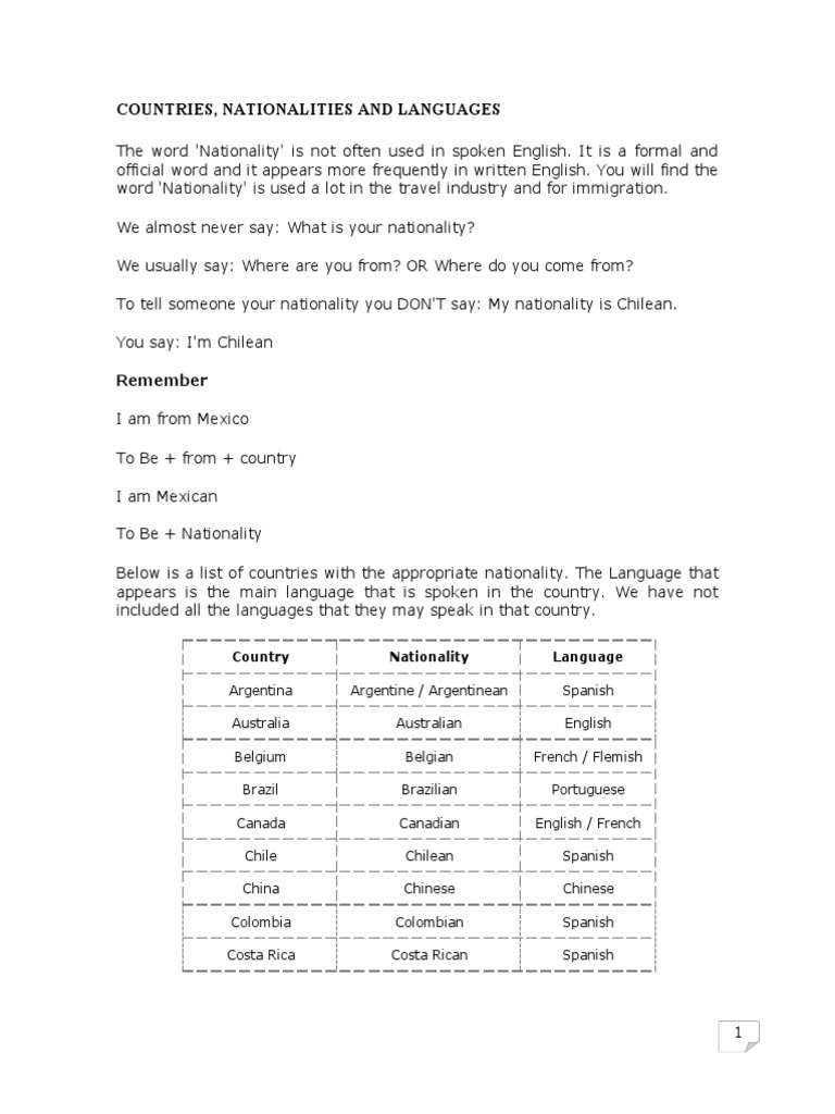 Countries, Nationalities and Languages | PDF | Spanish Language ...