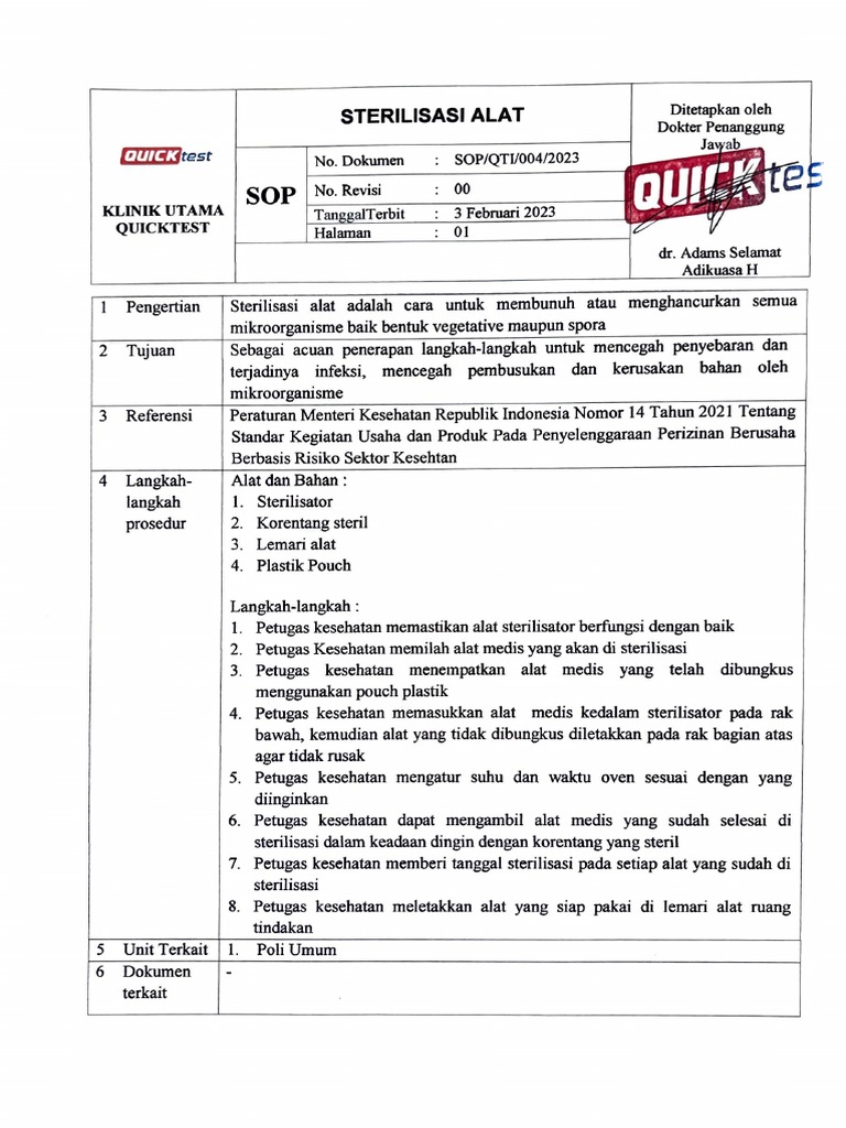 Sop Sterilisasi Alat | PDF