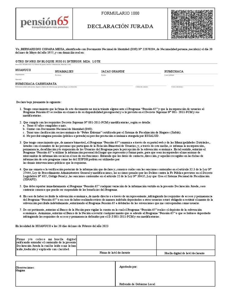 Declaración Jurada: Formulario 1000 | PDF | Pensión