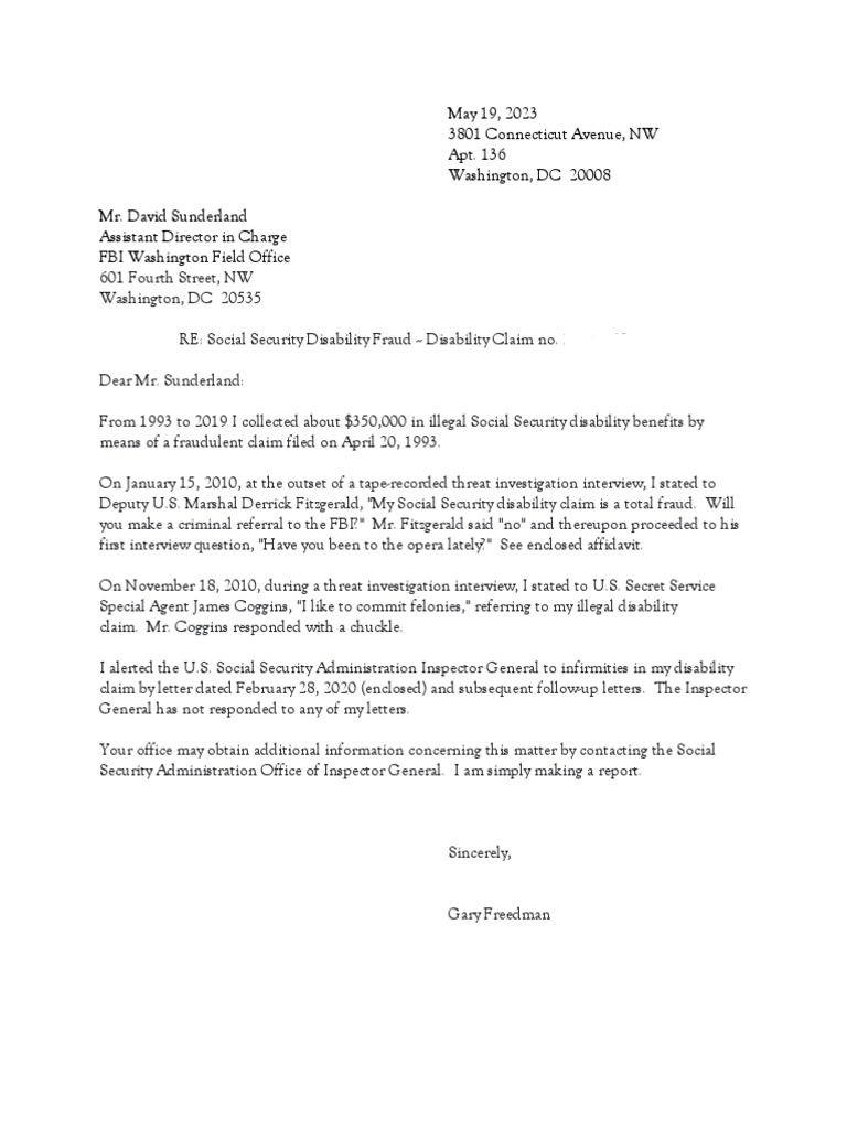 Letter To FBI Re: Social Security Disability Fraud | PDF