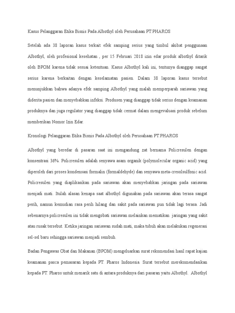 Kasus Pelanggaran Etika Bisnis Pada Albothyl Oleh Perusahaan PT Pharos | PDF