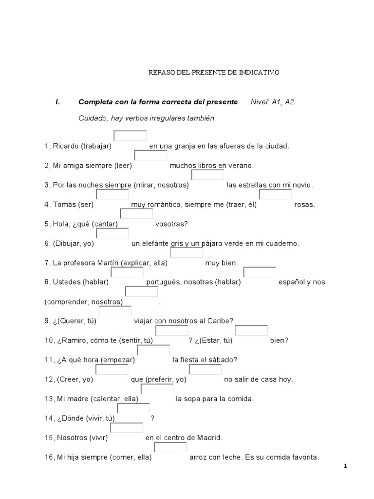 PRESENTE DE INDICATIVO Exercitii | PDF | Verbo