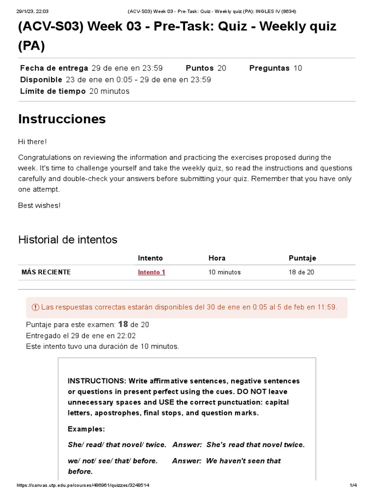 (ACV-S03) Week 03 - Pre-Task - Quiz - Weekly Quiz (PA) - INGLES IV (8634) | PDF | Linguistics ...