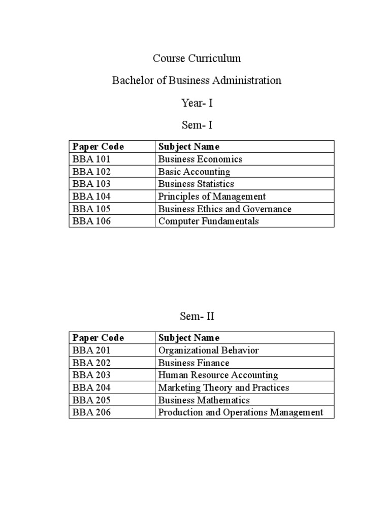 BBA 1st Year Subjects Overview | PDF