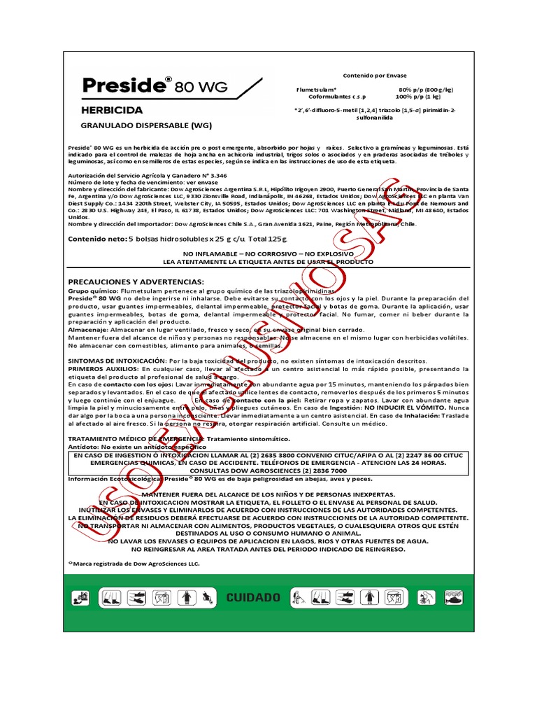 Preside 80 WG 03-02-2021 | PDF | Hierba | Herbicida