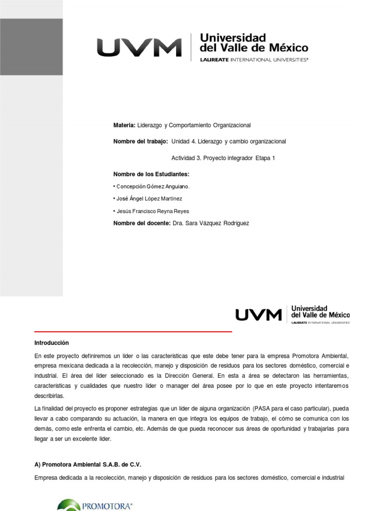 Materia: Liderazgo y Comportamiento Organizacional: Actividad 3. Proyecto Integrador Etapa 1 ...