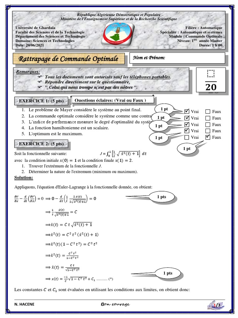 Corrigé Rattrapage Commande Optimale 2021 | PDF | Extremum | Théorie des systèmes