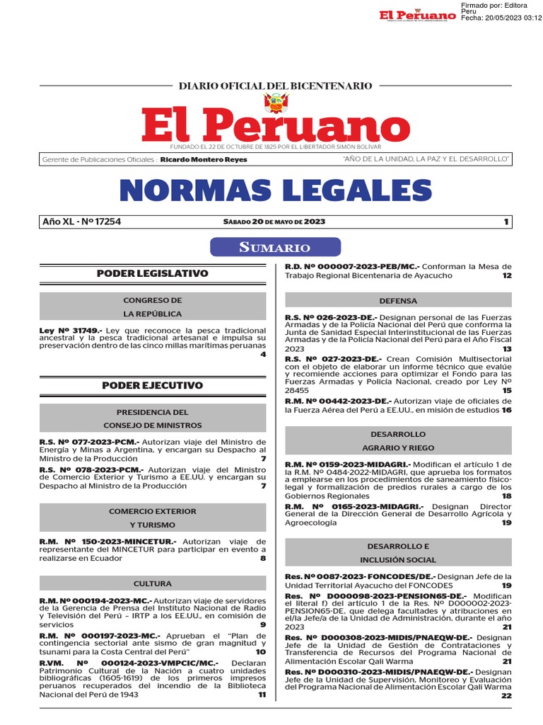 El Peruano (Normas Legales) 20.05.23 | PDF | Cooperacion economica Asia ...