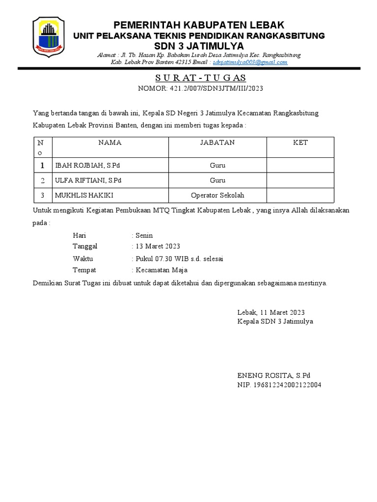 Surat Tugas MTQ SDN 3 JTM | PDF