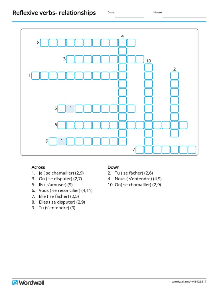 Reflexive Verbs Relationships Crossword | PDF