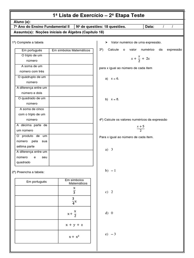 Exercícios de Álgebra - 7º Ano | PDF | Álgebra | Matemática elementar
