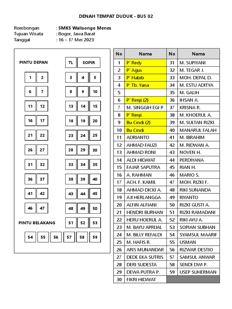 Denah Kursi Bus 50 Seat SMKS Walisongo | PDF