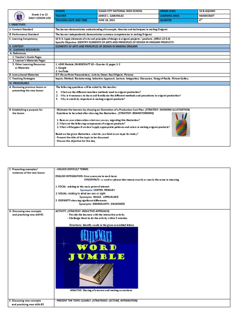 DLL - HANDICRAFT DEMO - Elements and Principle of Design | PDF