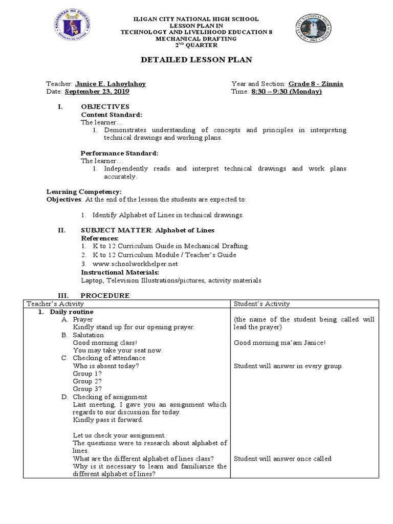 Grade 8 Mechanical Drafting Lesson Plan | PDF | Technical Drawing ...