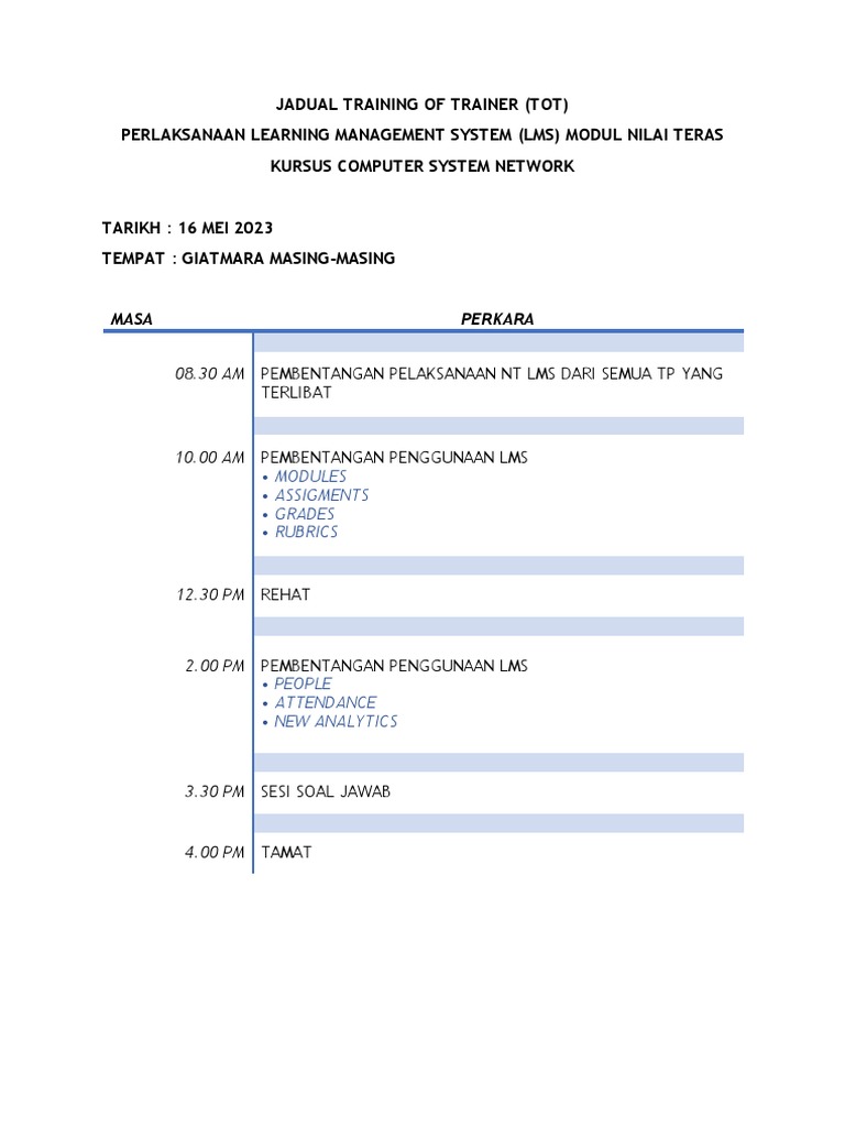 Jadual Training of Trainer CSN | PDF