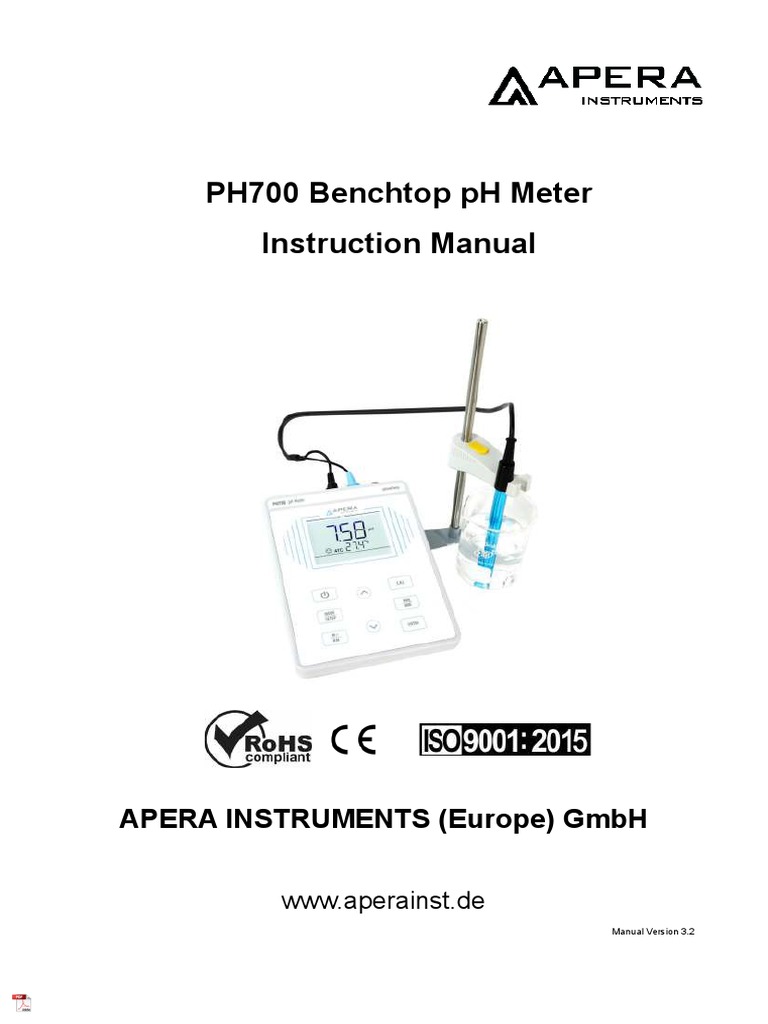 PH700 Benchtop pH Meter Manual | PDF | Ph | Purified Water