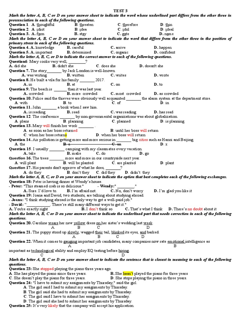 Pronunciation and Grammar Test Questions | PDF
