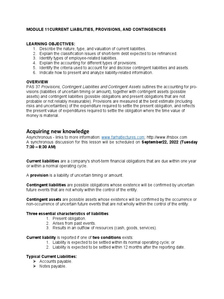 Module 11 Current Liabilities Provisions and Contingencies | PDF ...