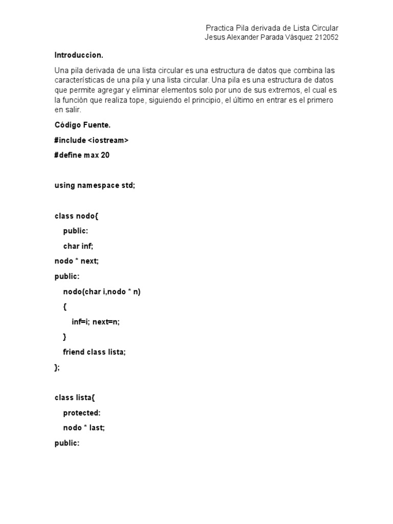 Practica Pila Derivada de Lista Circular | PDF | Algoritmos y ...