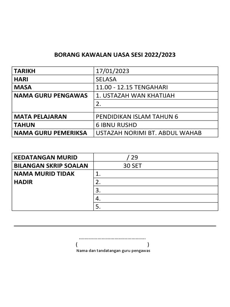 Borang Kawalan Uasa Sesi 2022 | PDF