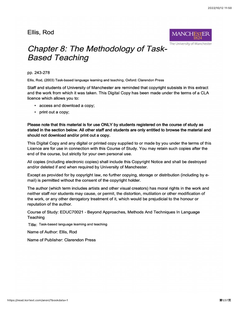 Ellis, Rod - Charpter 8 The Methodology of Task-Based Teaching | PDF