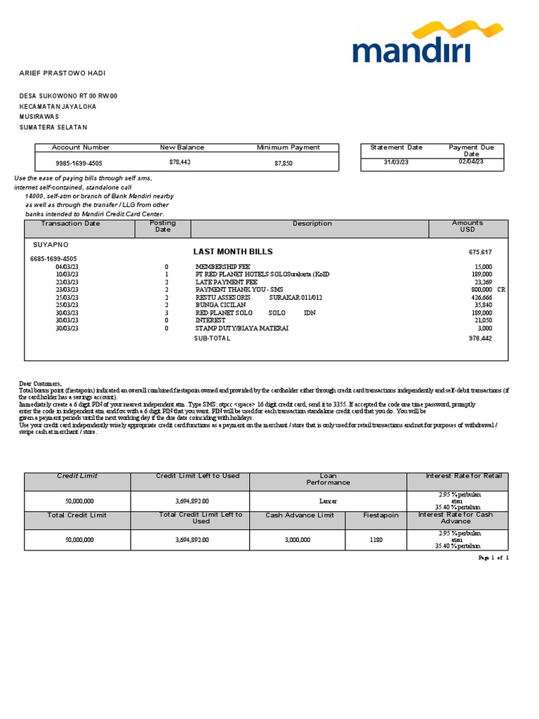 Mandiri Credit Card Statement Summary | PDF | Credit Card | Trade