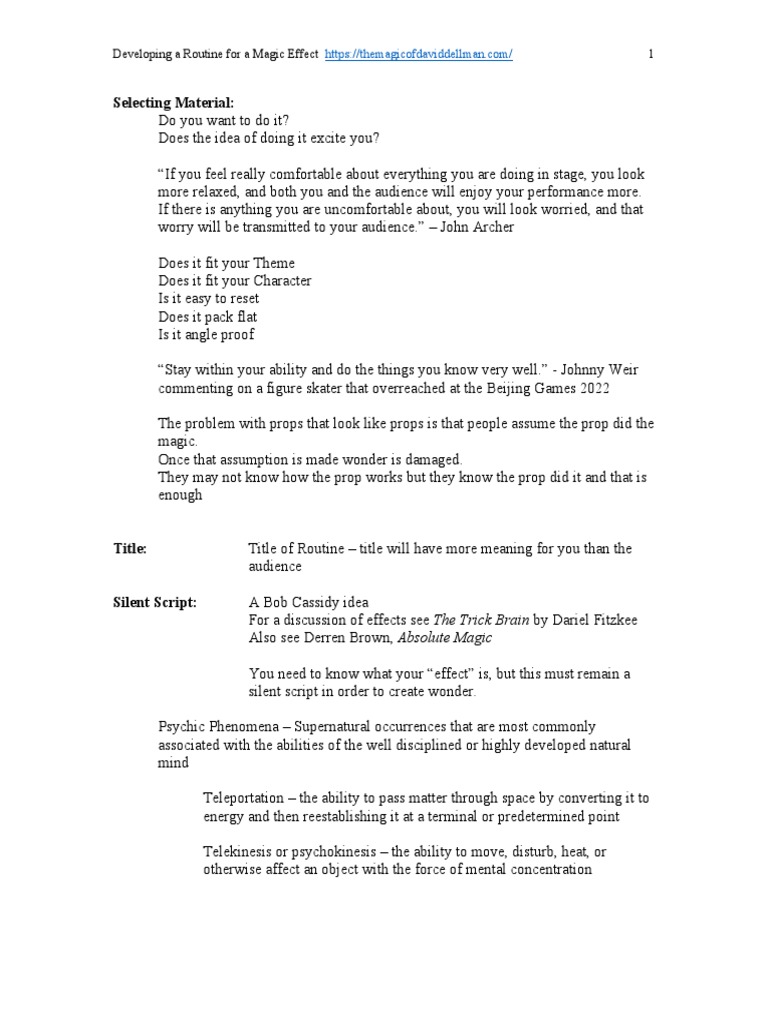 Magic Routine Outline David Dellman 10 22 | PDF | Mind | Magic (Illusion)