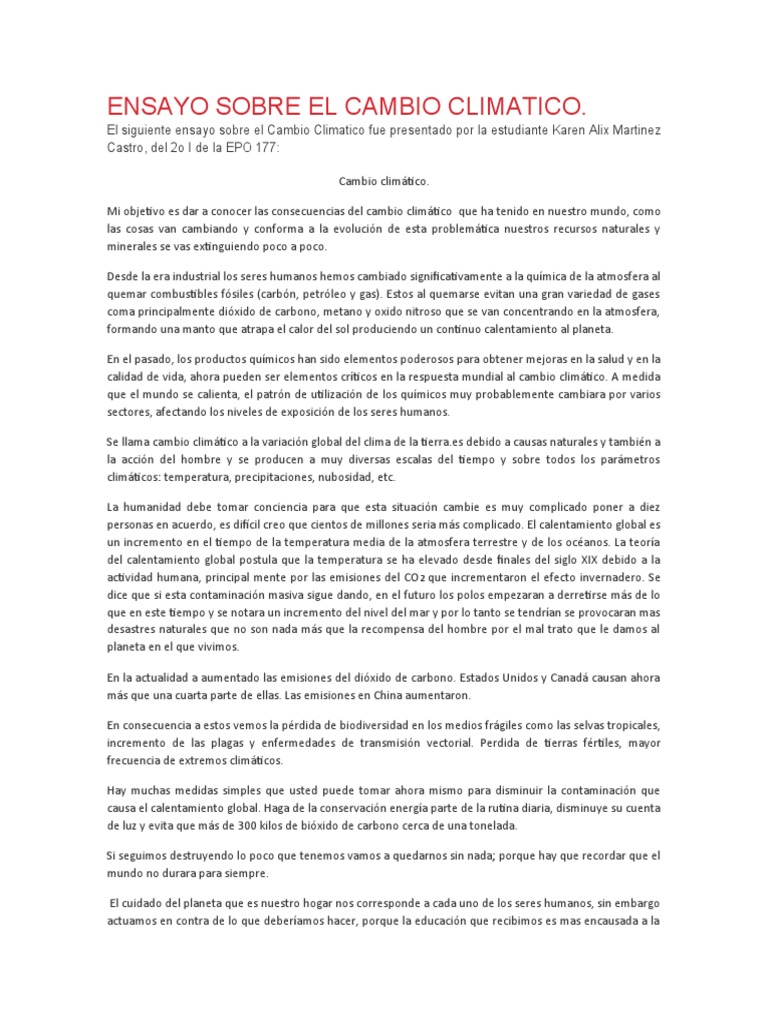 Ensayo Sobre El Cambio Climatico | PDF | Gases de efecto invernadero ...