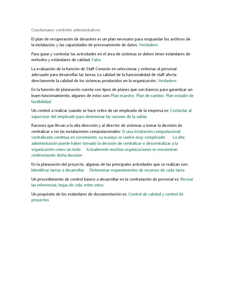 Cuestionario sobre Controles Administrativos | PDF