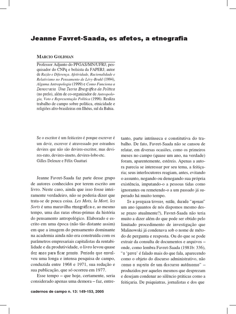 Jeanne Favret Saada - Os Afetos e A Etnografia | PDF | Etnografia | Science
