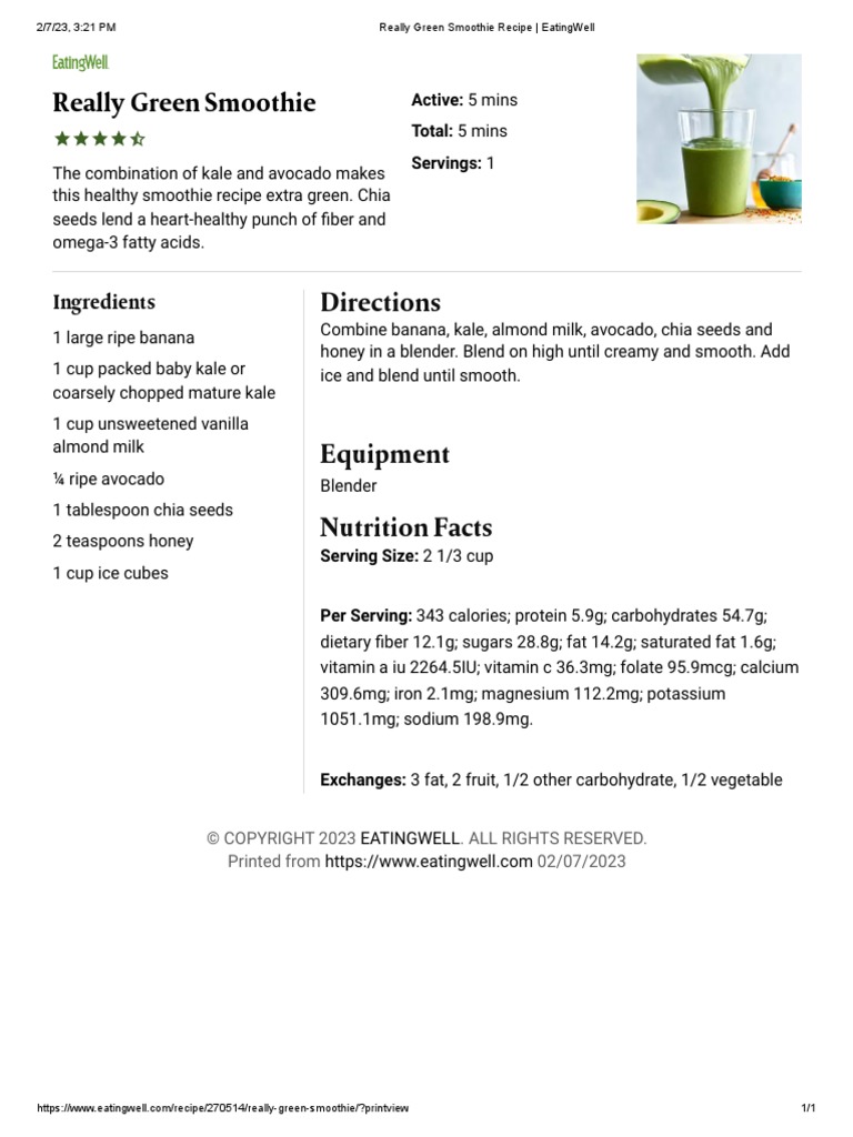 Really Green Smoothie Recipe - EatingWell | PDF