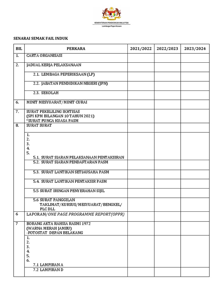 Senarai Semak Fail Induk BIL Perkara 2021/2022 2022/2023 2023/2024 | PDF