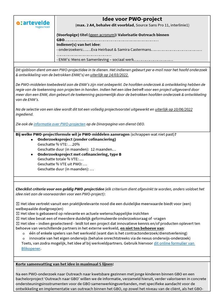 PWO Sjabloon Idee Indiening AJ 2021 2022 2 | PDF